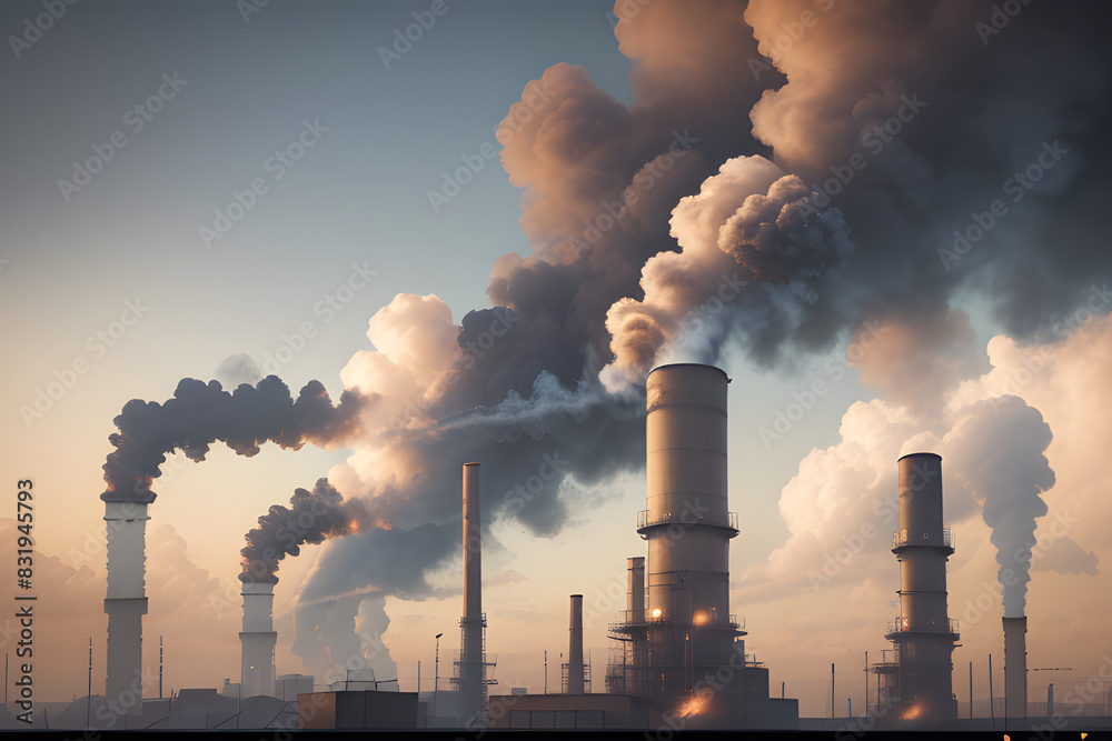 Industrial Smoke Stacks. A dramatic image capturing multiple industrial ...