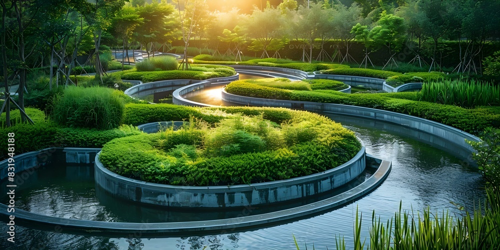 A modern setting with a vibrant green eco-friendly wastewater treatment ... A modern setting with a vibrant green eco-friendly wastewater treatment ...