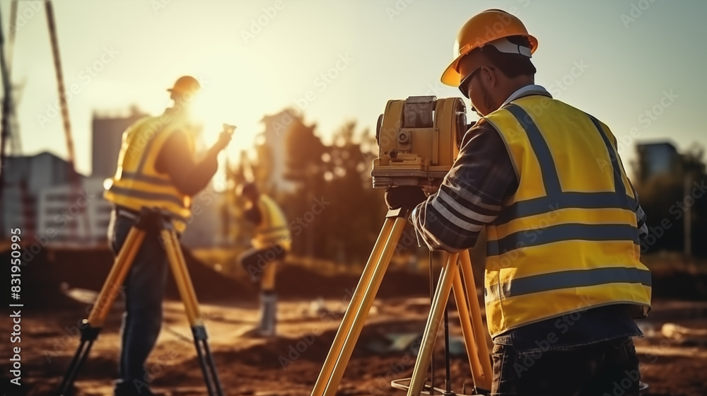 Engineer working with theodolite transit equipment at outdoors ...