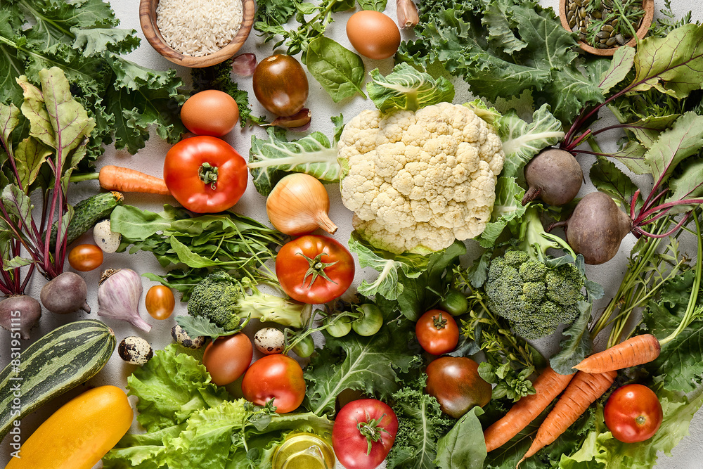 Abundant harvest vegetable background, top view with variety of fresh ...