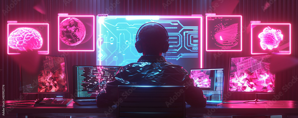 Developer working on artificial intelligence projects, typing code on a ...