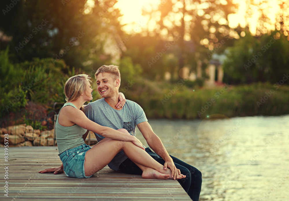 Couple, people and happy on dock in lake for love, bonding and support ...