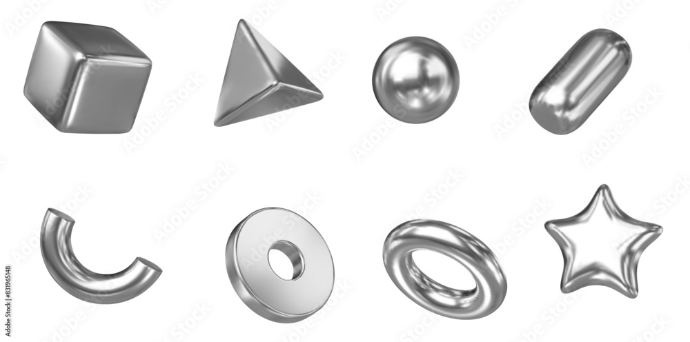 3d set metal shapes: square, sphere, pyramid, torus, star, icosphere ...