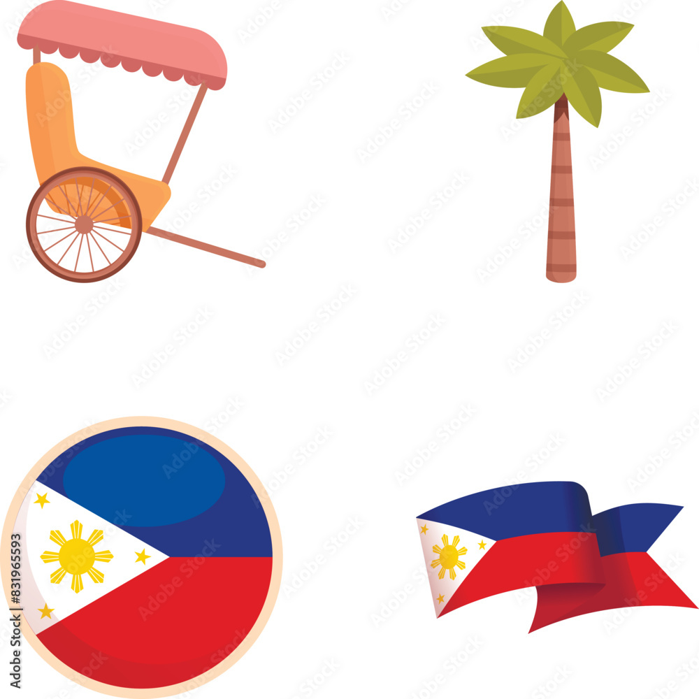Philippines icons set cartoon vector. Philippine flag and landmark ...