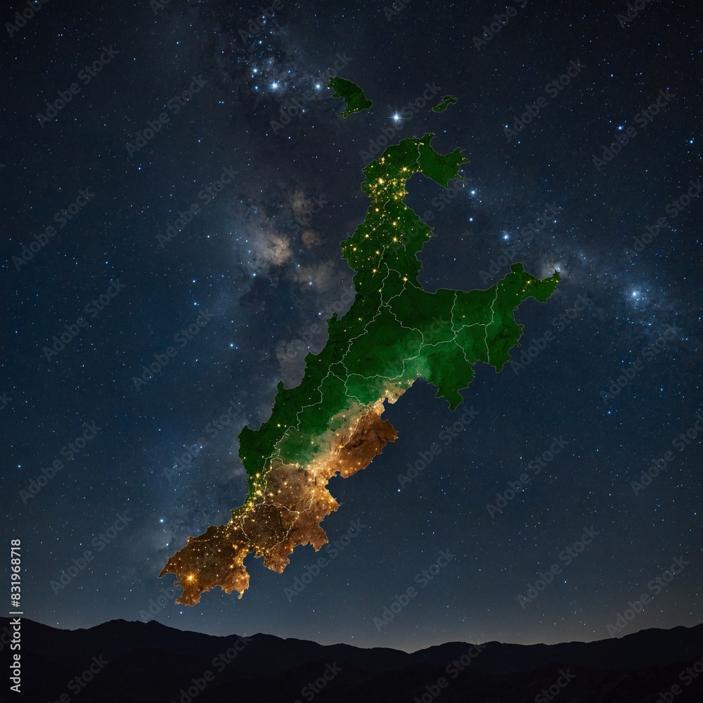 "A map of Pakistan with the Indian flag overlay on a starry night sky ...
