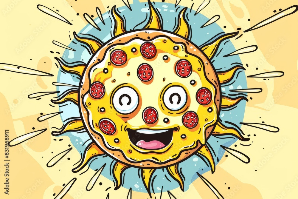 Cartoon cute doodles of a pizza sun with cheesy rays and pepperoni ...