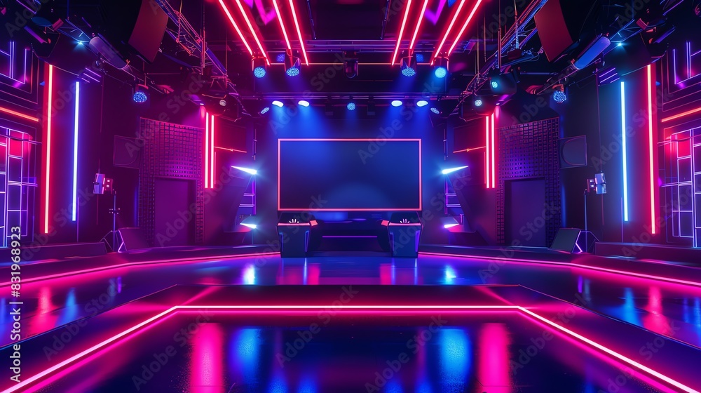 A modern tv hosting or game show studio set glowing with neon lights ...