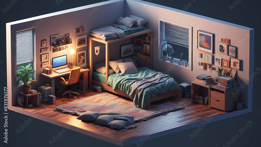 cube cutout of an isometric programmer's bedroom, 3d art, professional ...