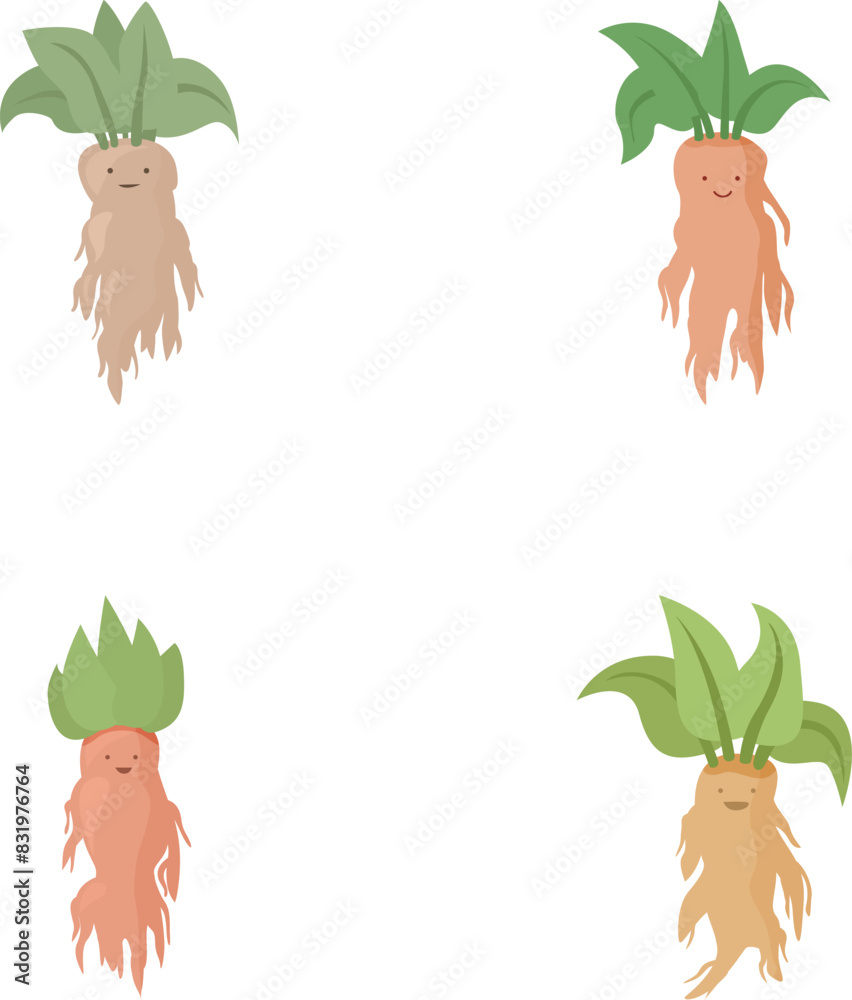 Collection of cute and cheerful cartoon mandrake root characters in a ...