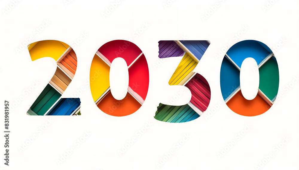 Bold, vibrant rainbow-colored 2030 numerals stand upright against a ...