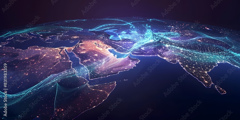 Digital map of the Middle East, highlighting global network connections ...