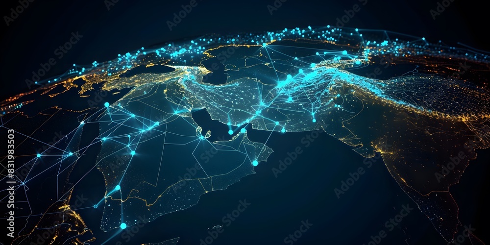Digital map of the Middle East, highlighting global network connections ...