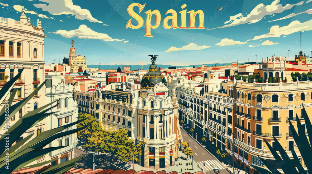 Spain architecture, cityscape, in the style of graphic design-inspired ...