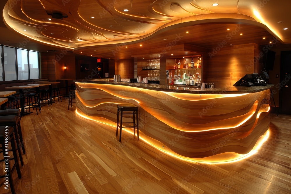 Modern bar with curving wooden counters and ambient lighting, creating ...