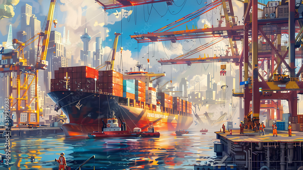 A bustling seaport with a large cargo ship docked and cranes loading ...