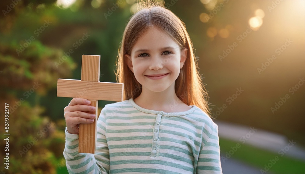 Foto de A Christian child shows a wooden cross as proof of his faith in ...