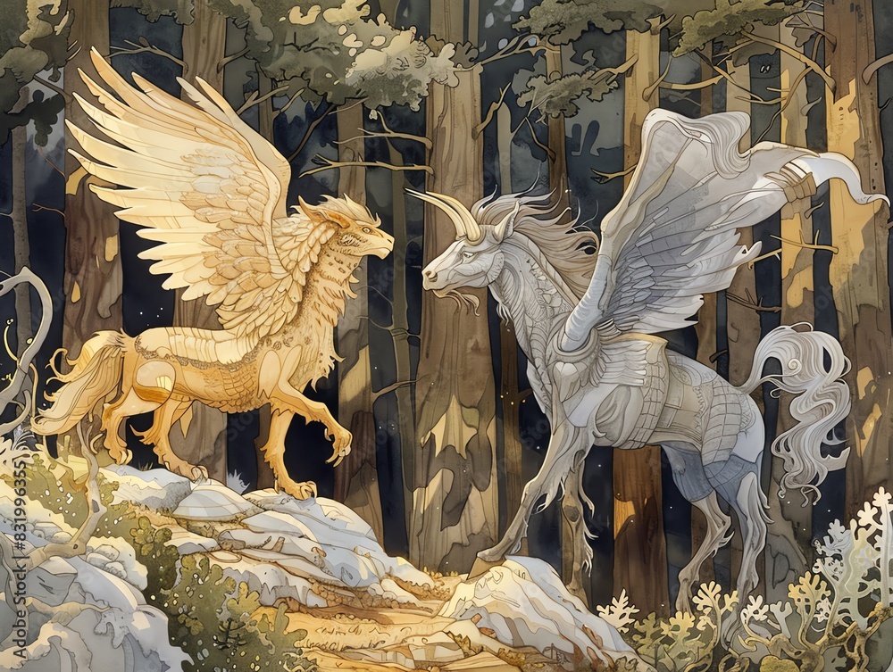 Illustrate a side view philosophical debate between a griffin and a ...