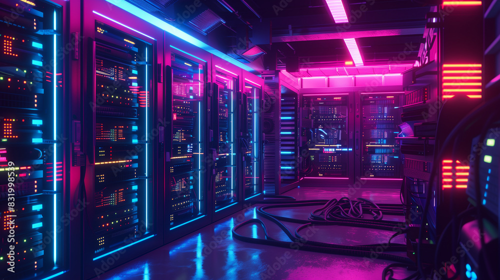 A computer network with many wires and cables. The wires are red and ...