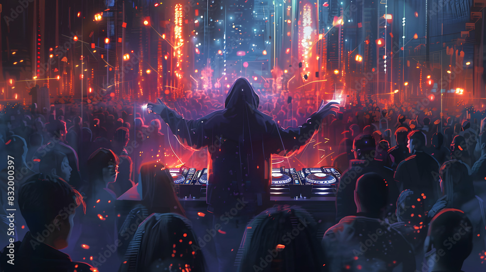 dj night club party rave with crowd in music festive Stock Illustration ...