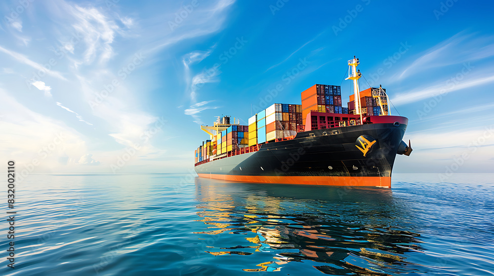 A massive cargo ship sailing through calm ocean waters under a clear ...