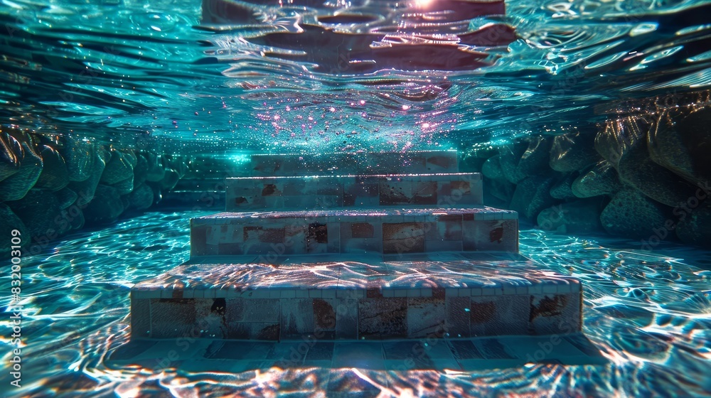 Swimming pool ladder with visible underwater steps, reflections of ...
