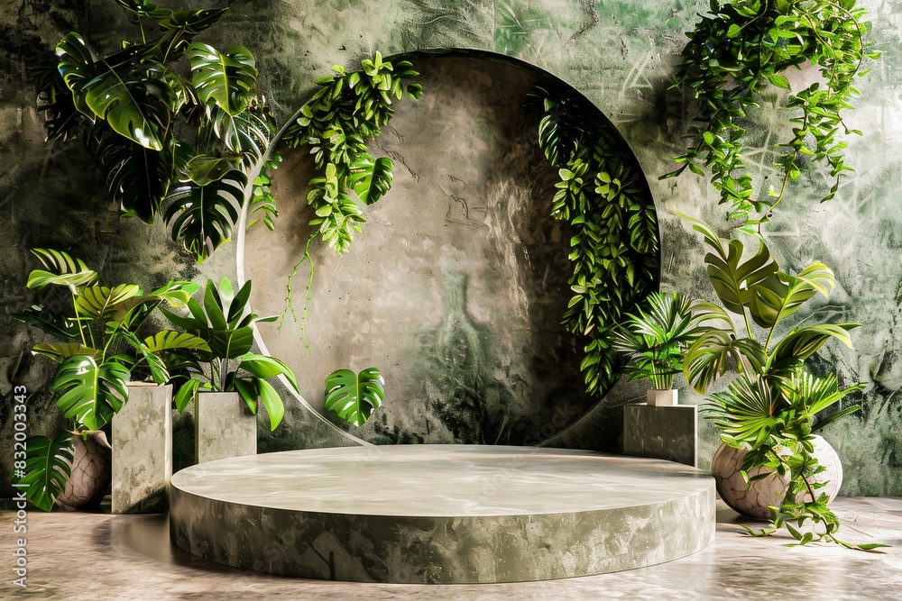 Elegant indoor garden setup with lush tropical plants arranged around a ...
