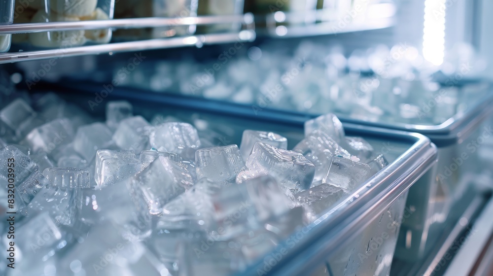 Side view of a refrigerator loaded with ice cream containers, ice cubes ...