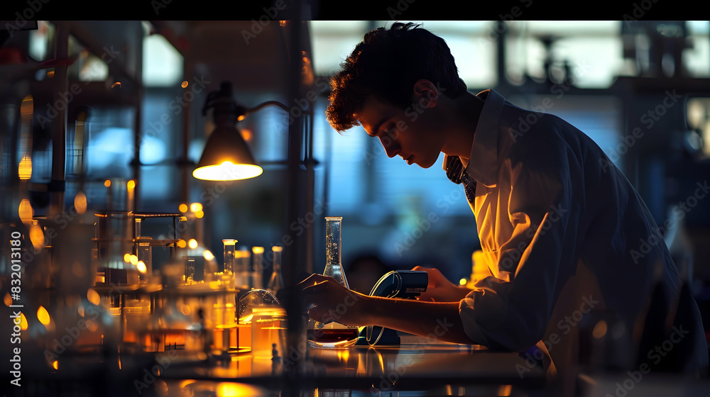 A dramatic scene of a high school science lab, with a student carefully ...