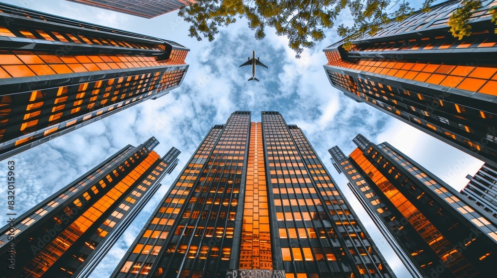 A cinematic image looking straight up at sky filled with tall black ...