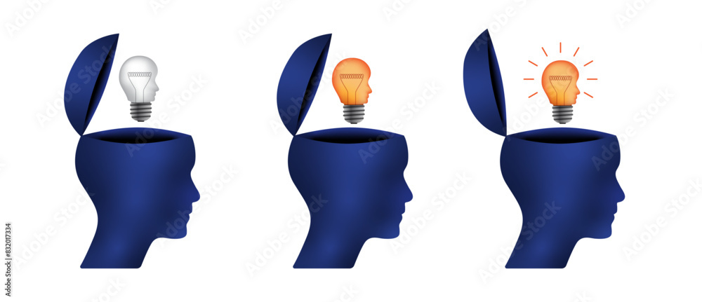 Blue open minded character set with head shape lightbulb. 3d idea ...