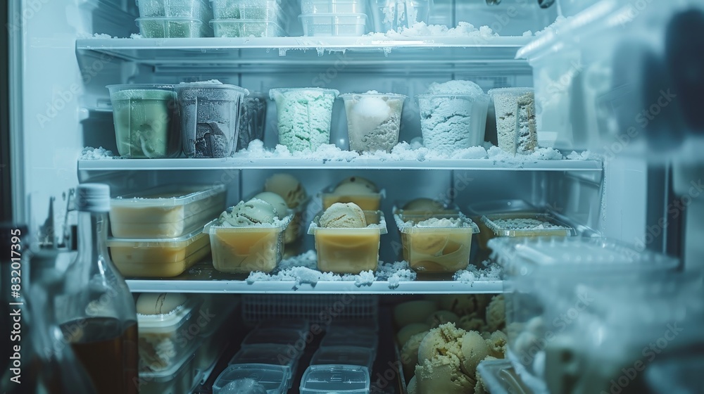Intimate look into a freezer crammed with ice cream tubs, ice cubes ...