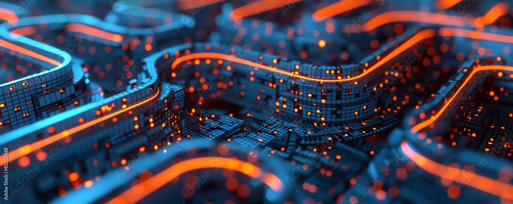 Blue network lines illuminated by an orange glow, creating a moving ...