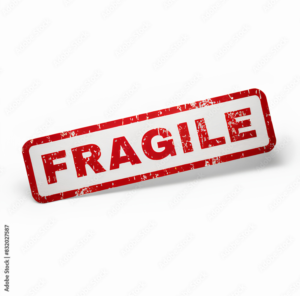 rectangular red fragile label on white background, with dirty texture ...