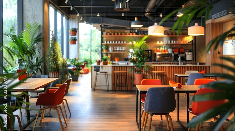 Corporate cafeteria designed with modern aesthetics, offering a ...