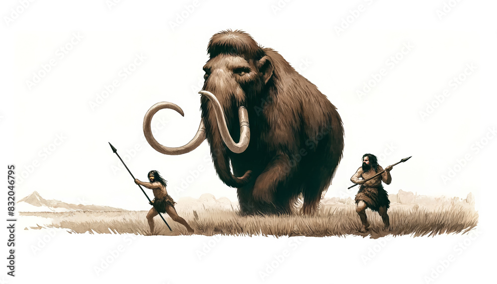 Illustration of prehistoric hunters with spears confronting a woolly ...