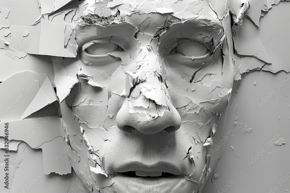 A visually striking sculpture depicts a human face with cracking ...