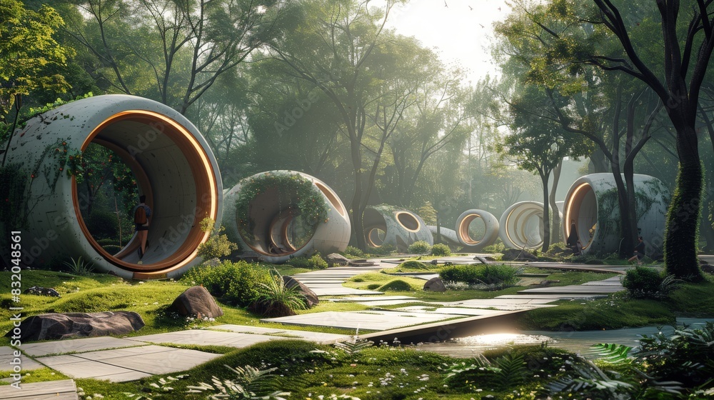 a futuristic park where 2D pathways lead to 3D sculptures, blending ...