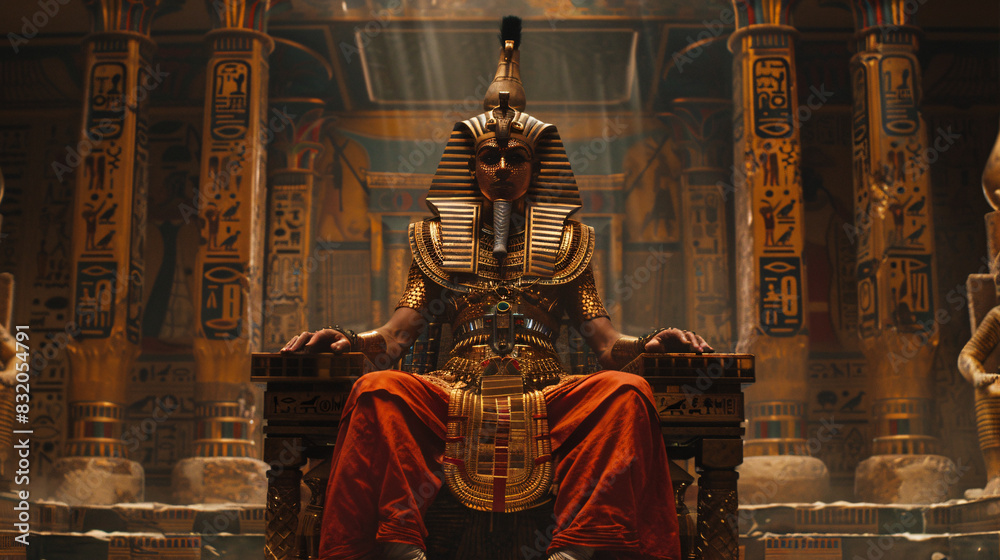 An ancient Egyptian pharaoh sits on a throne in a room with ...