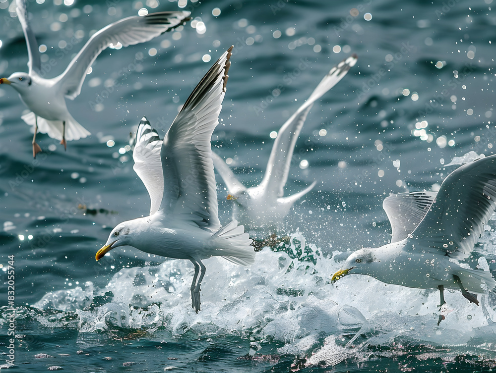 Flock of seagulls diving into the water to catch fish in rapid ...