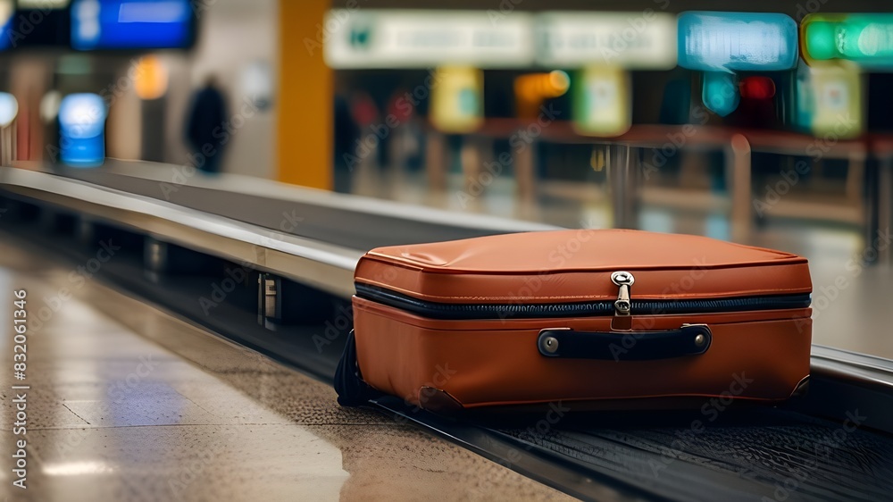 Baggage luggage move on tape claim at airport, sun light banner, Airport baggage claim conveyer ...