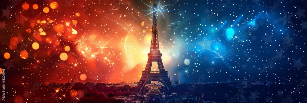 Horizontal banner. Bastille Day, French national day. Fireworks over ...