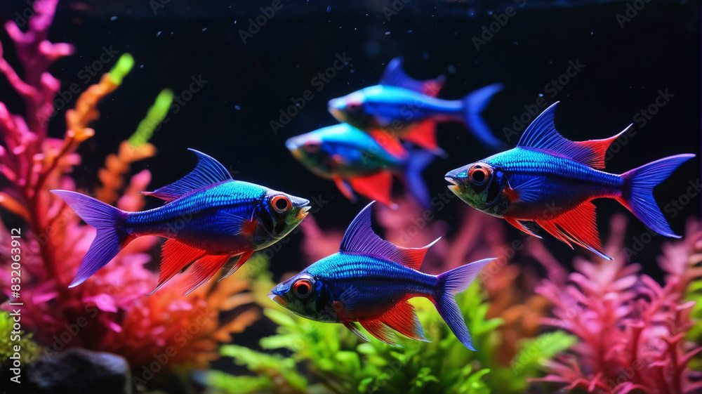Within the Vibrant Aquascape, neon tetras swim in synchronized patterns ...