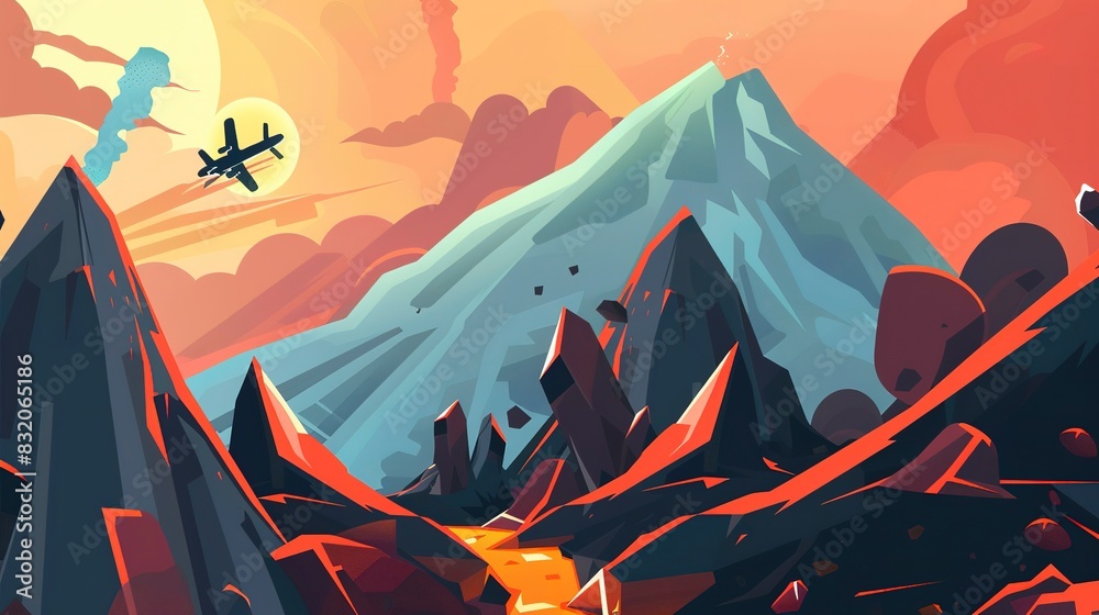 Ash covered peaks infographic flat design side view eruption aftermath ...
