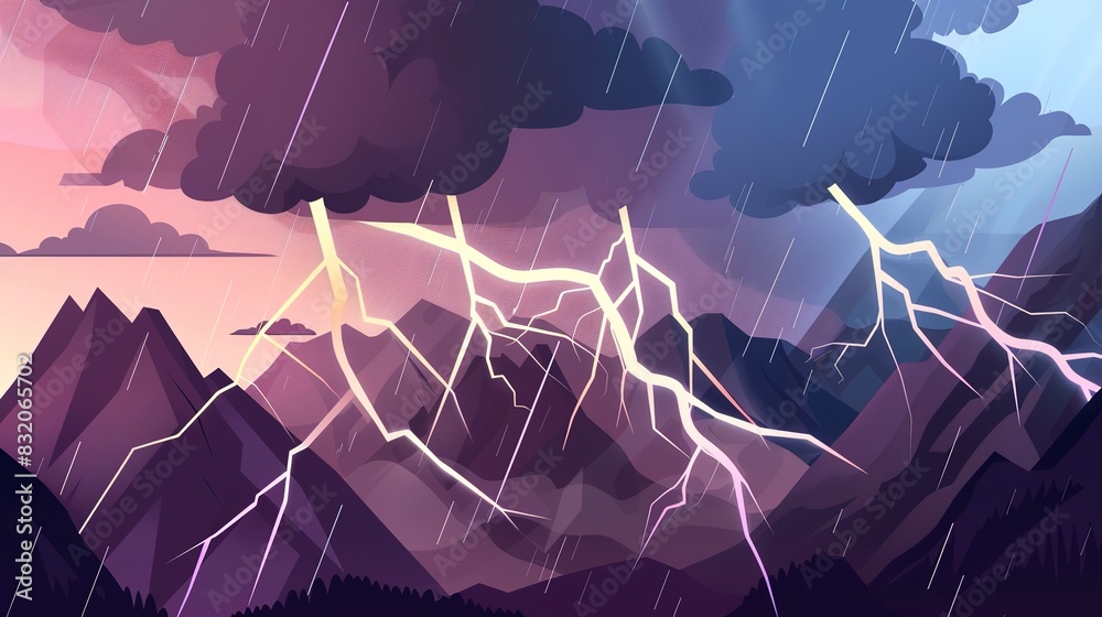 Thunderstorms over peaks infographic flat design side view lightning ...