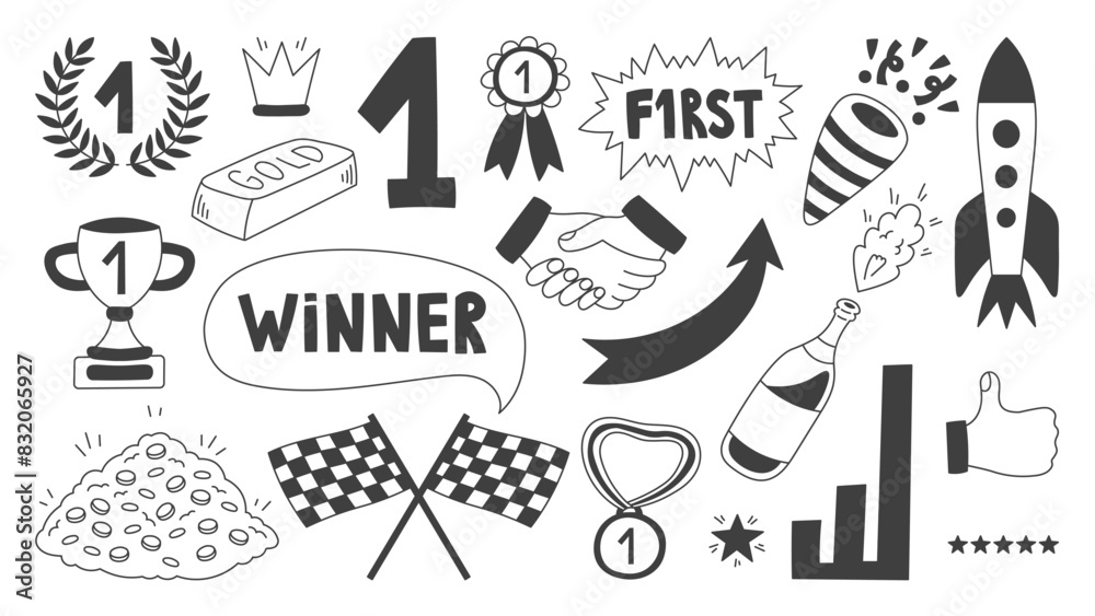 Success Victory Doodle Icons. Hand drawn line Reward symbols. Outline ...