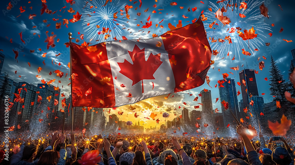 Canada Day Celebration Crowd of People Fireworks And Canadian Red Maple ...