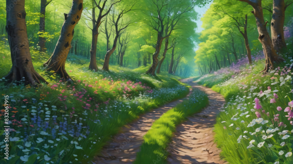 An intricate painting of a forest path in spring, with blossoming ...