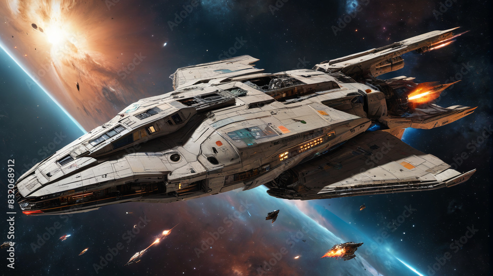 Poster A battle-worn starship emerging victorious from an epic space ...