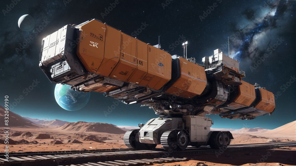 A futuristic cargo ship unloading its goods at a remote orbital outpost ...