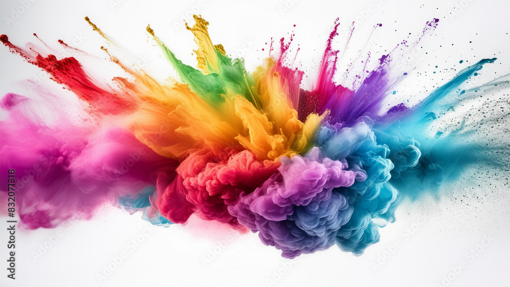 Explosion of rainbow dust, smoke on white light background. 4K ...